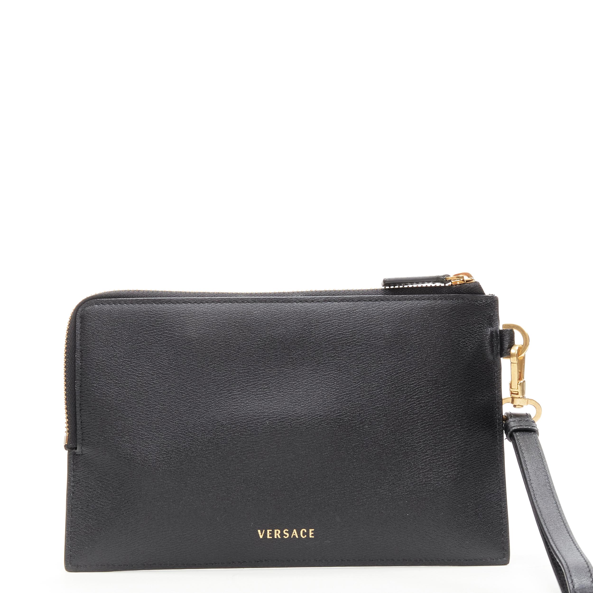 new VERSACE Tribute gold Medusa black leather small wristlet zip clutch ...