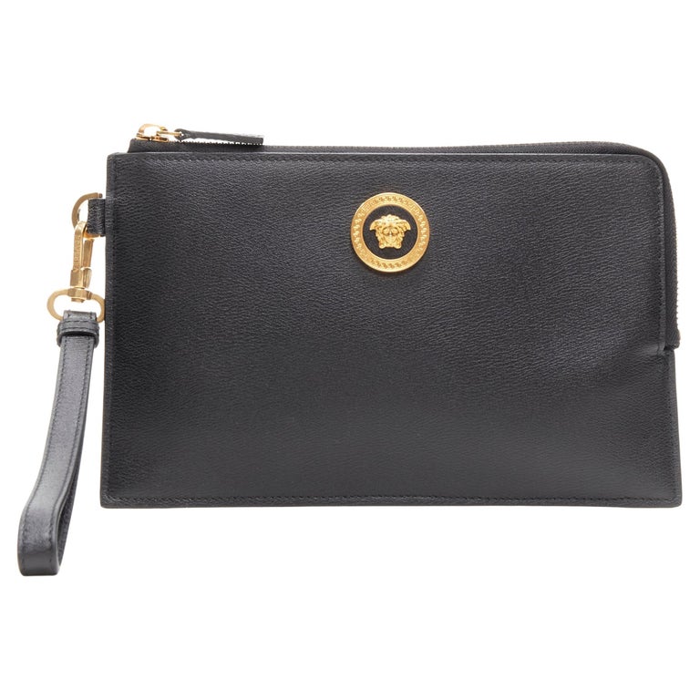 new VERSACE Tribute gold Medusa black leather small wristlet zip clutch ...