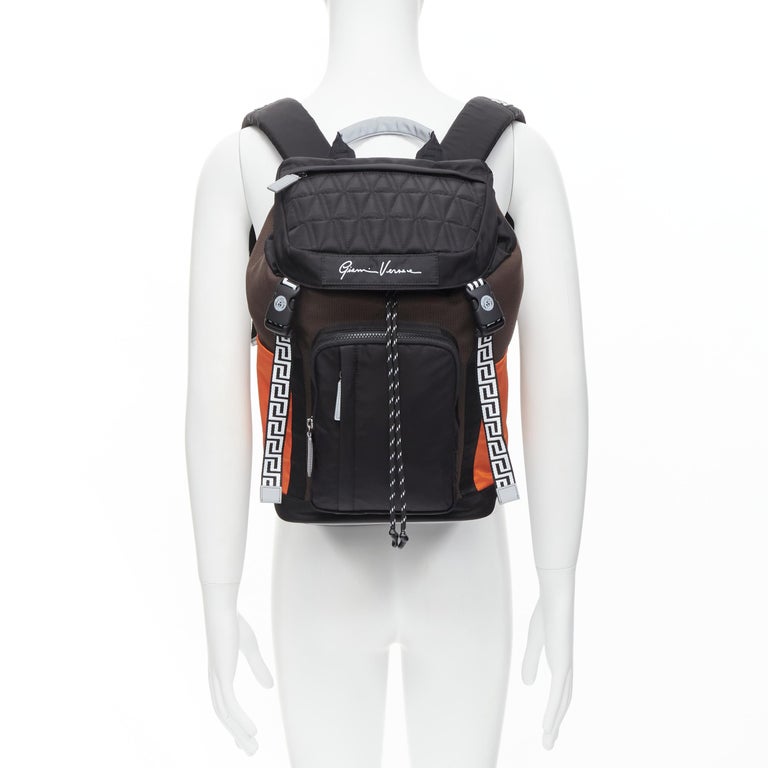 new VERSACE V Code Gianni Signature black orange nylon Greca backpack ...
