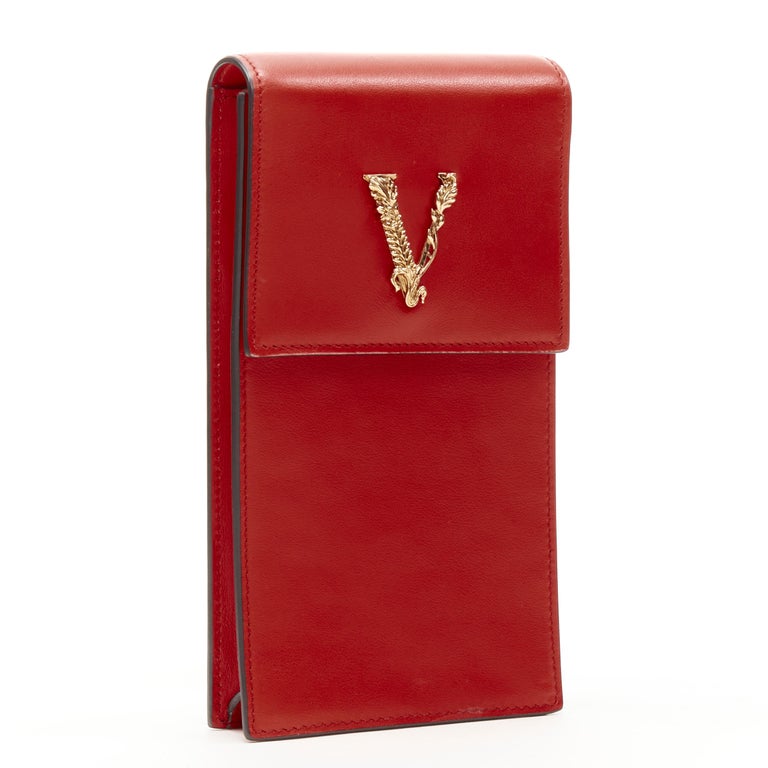 new VERSACE Virtus red leather gold Barocco vertical flap crossbody bag ...