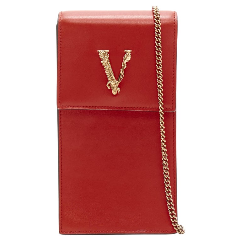 new VERSACE Virtus red leather gold Barocco vertical flap crossbody bag ...