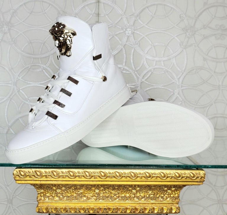 NEW VERSACE WHITE LEATHER SNEAKERS with 3D GOLD MEDUSA Sz 38 - 8 For ...