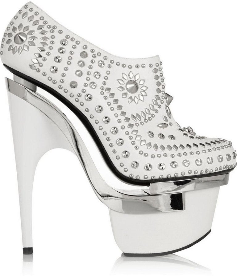 New Versace White Leather Studded Triple Platform Ankle Boots Booties ...