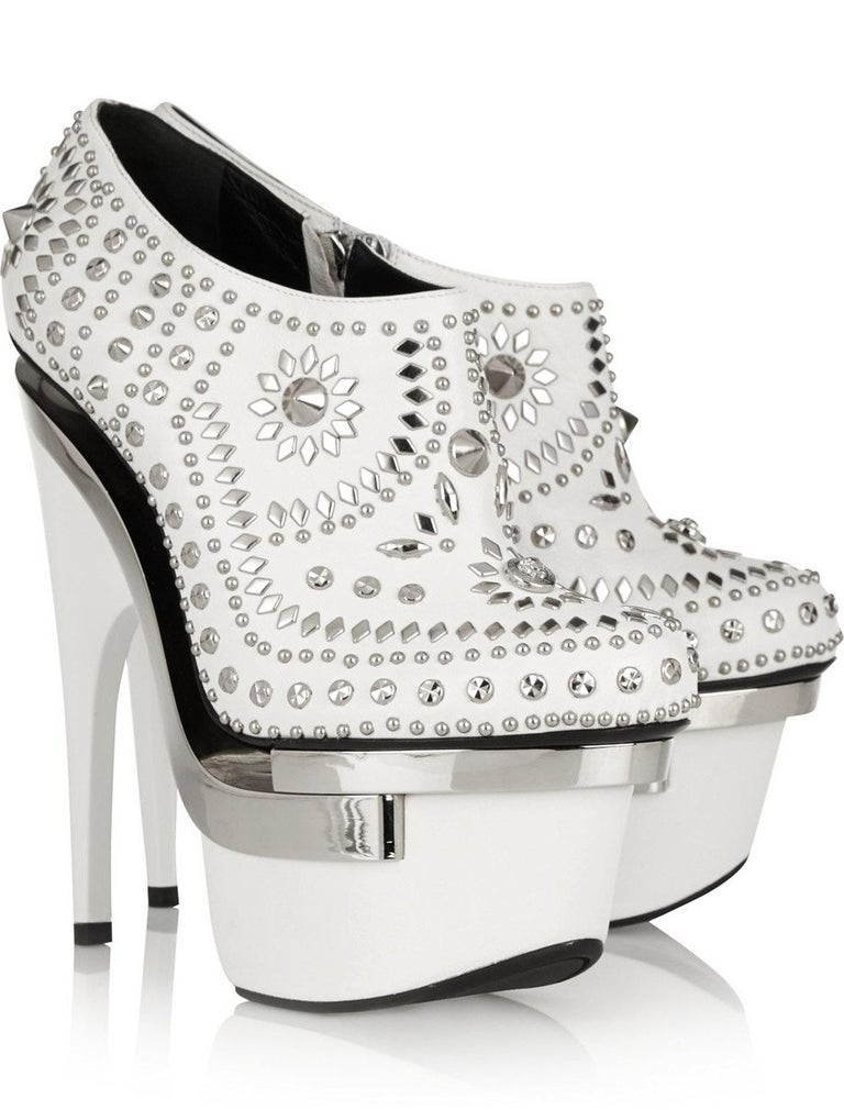 New Versace White Leather Studded Triple Platform Ankle Boots Booties ...