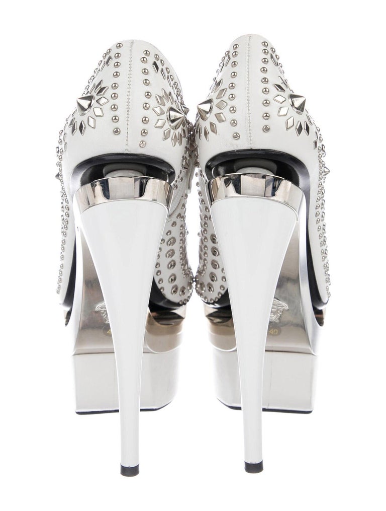 New Versace White Leather Studded Triple Platform Ankle Boots Booties ...
