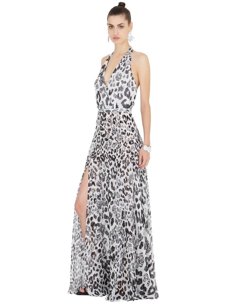 New Versus by Versace Silk Leopard Print Long Halter Dress Sexy High ...