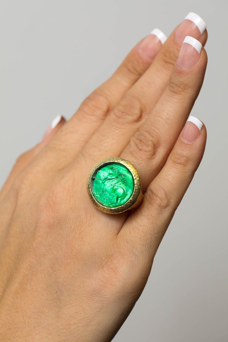New Victorian Green Italian Murano Glass Carved Intaglio Ring 18 Karat ...
