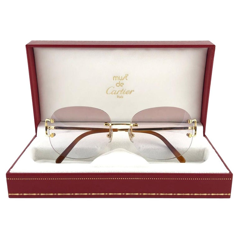 New Vintage Cartier Gold Plated Rimless Gradient Lens Case France ...