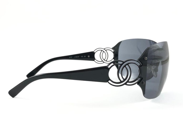 New Vintage Chanel Oversized Shield Rimless Black Sunglasses Made In ...