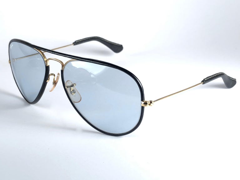 New Vintage Ray Ban Leathers Aviator Black Changeable Lens 58' B&L Sunglasses at 1stDibs