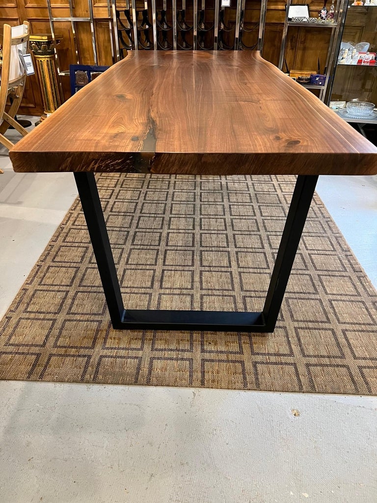 New Walnut Live Edge Dining Table with Black Metal Base For Sale at 1stDibs