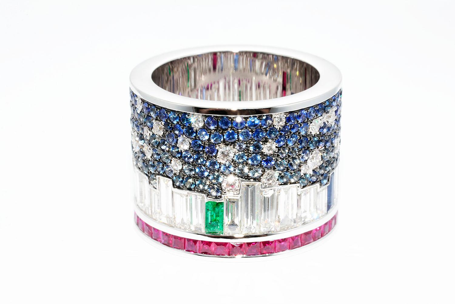Emerald, Ruby, Sapphire and Diamond Band Ring 18 Karat White Gold For ...