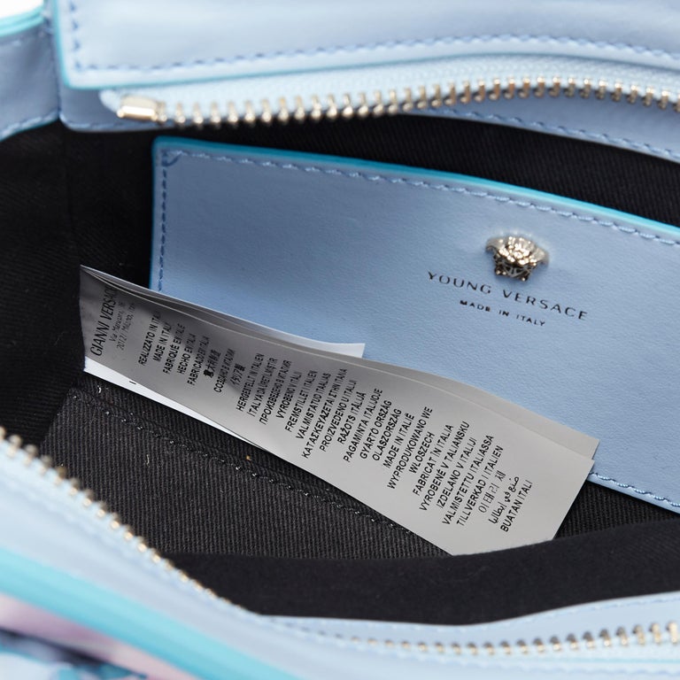 new YOUNG VERSACE Micro Palazzo Empire light pink blue logo print ...