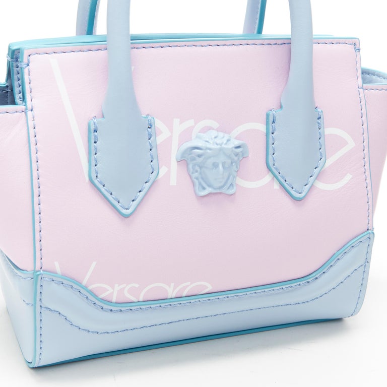 new YOUNG VERSACE Micro Palazzo Empire light pink blue logo print ...