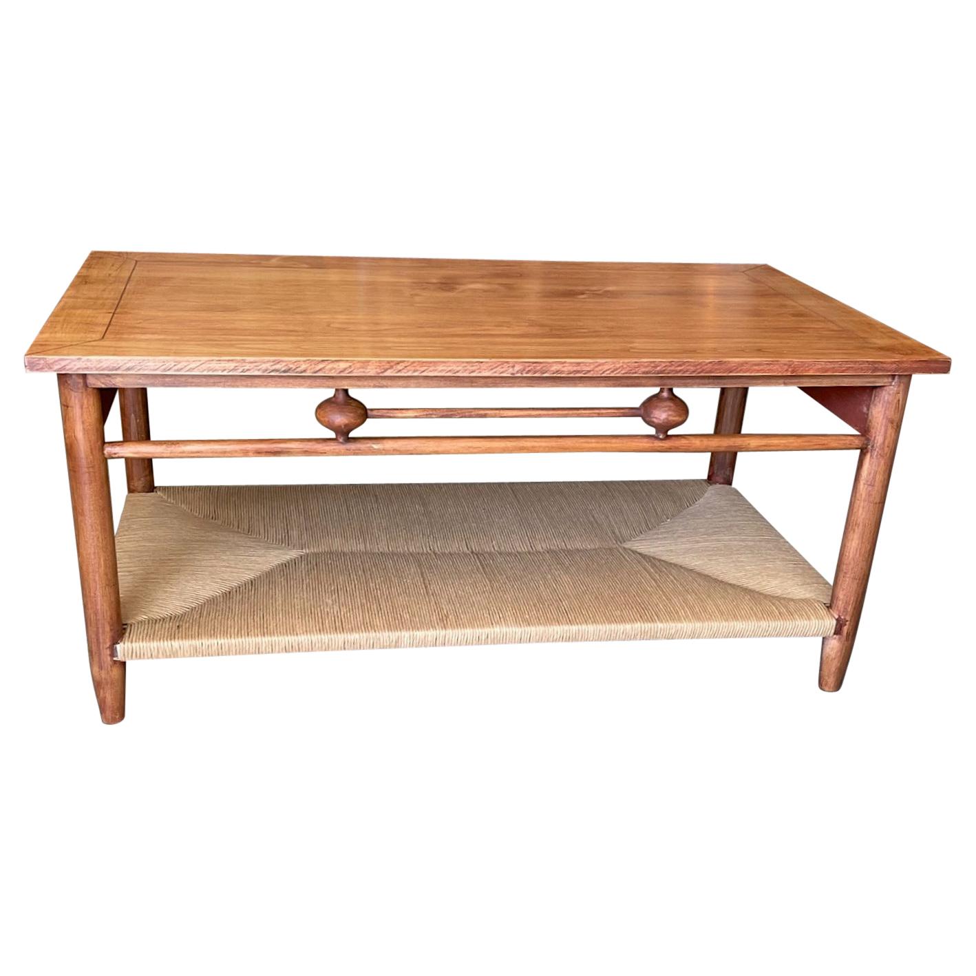Newport 1980s Style Wood Coffee Table with Rush Shelf For Sale at 1stDibs