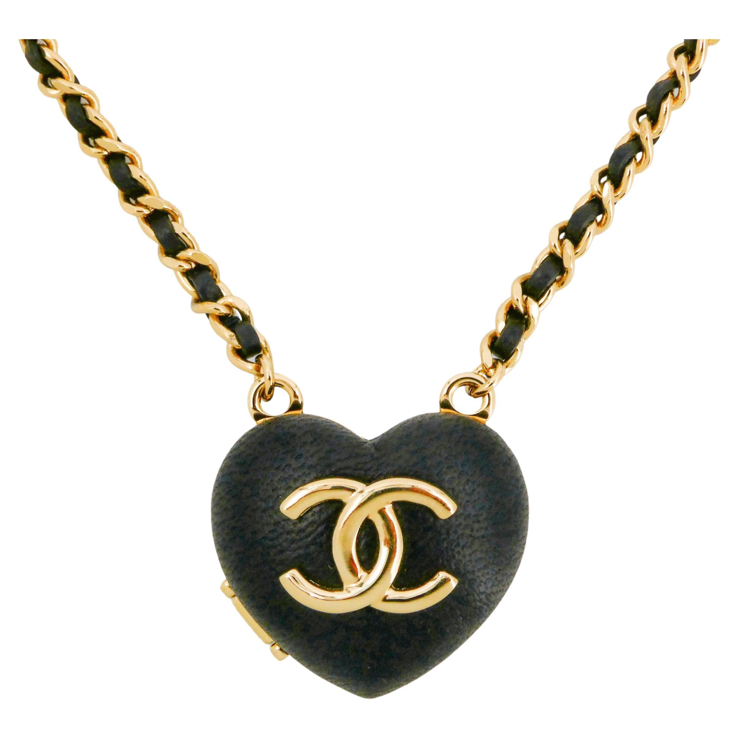 NIB Chanel 22K Black Leather Heart Mirror Locket Woven Chain Necklace ...