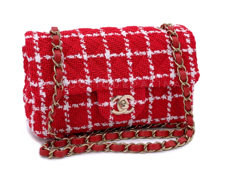 NIB Chanel 23C Red Tweed Checkered Rectangular Mini Flap Bag GHW 66752 ...
