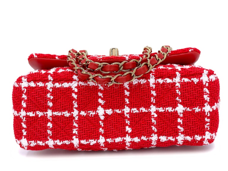 NIB Chanel 23C Red Tweed Checkered Rectangular Mini Flap Bag GHW 66752 ...