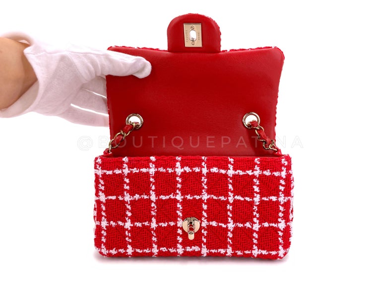 NIB Chanel 23C Red Tweed Checkered Rectangular Mini Flap Bag GHW 66752 ...