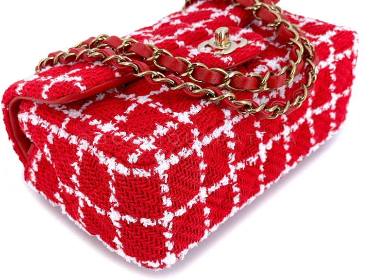 NIB Chanel 23C Red Tweed Checkered Rectangular Mini Flap Bag GHW 66752 ...