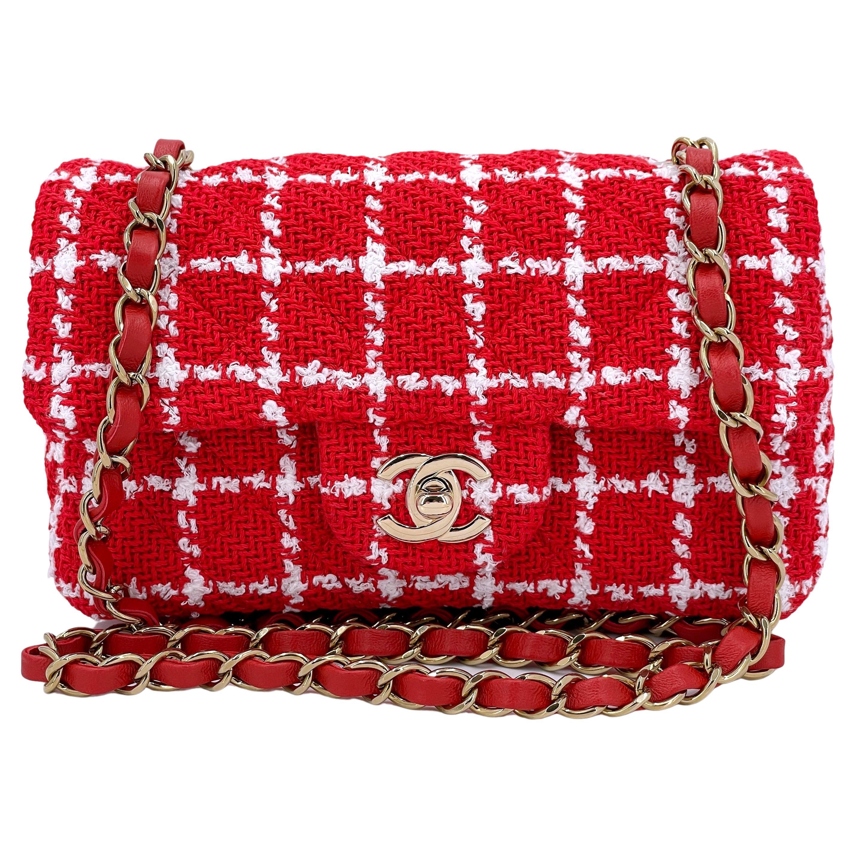 NIB Chanel 23C Red Tweed Checkered Rectangular Mini Flap Bag GHW 66752 ...