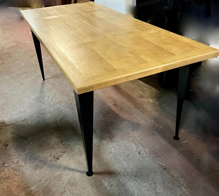 Metal Dining Table with a Massive Oak Top in the style of Jean Prouvé ...