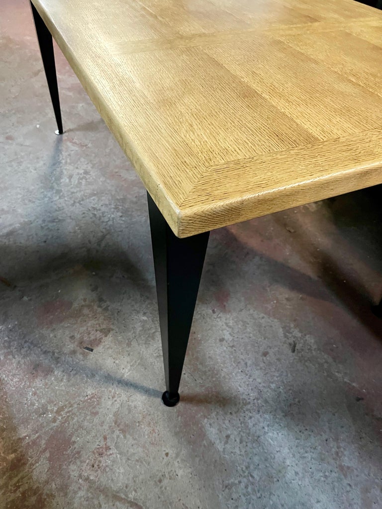 Metal Dining Table with a Massive Oak Top in the style of Jean Prouvé ...