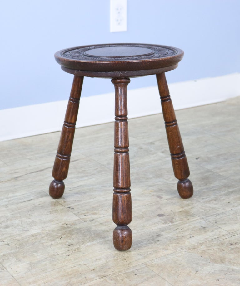 Nicely Carved Oak Three Legged Stool For Sale at 1stDibs