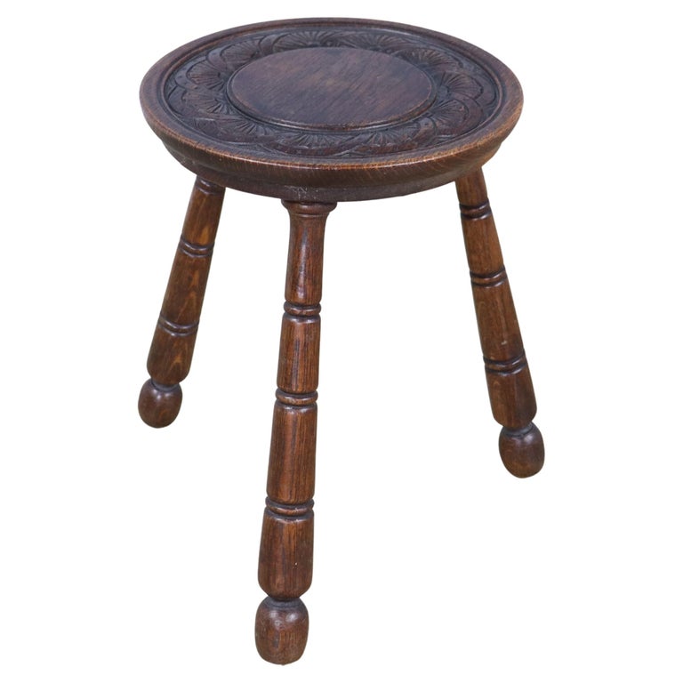 Nicely Carved Oak Three Legged Stool For Sale at 1stDibs