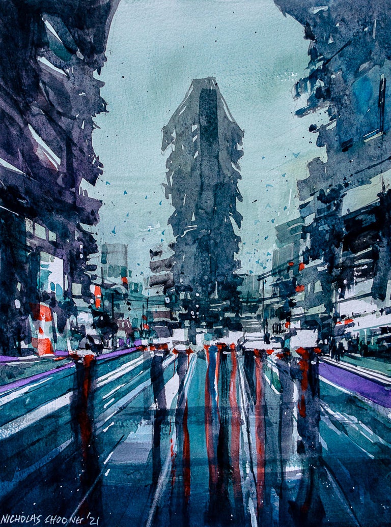 Nicholas Choong - Composition #13 Spot light in rain, Watercolor ...