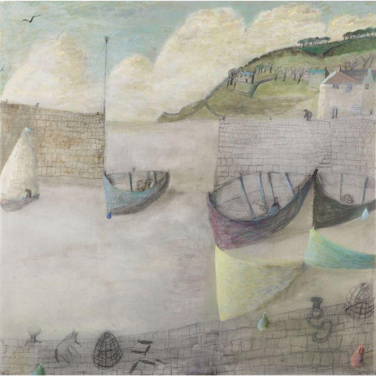Nicholas Turner - Creel and Cat, Quayside - coastal painting with boats ...
