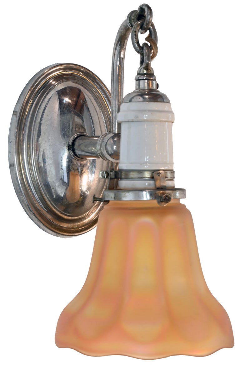 Nickel and Porcelain Sconce Pair with American Art Glass Shades ...