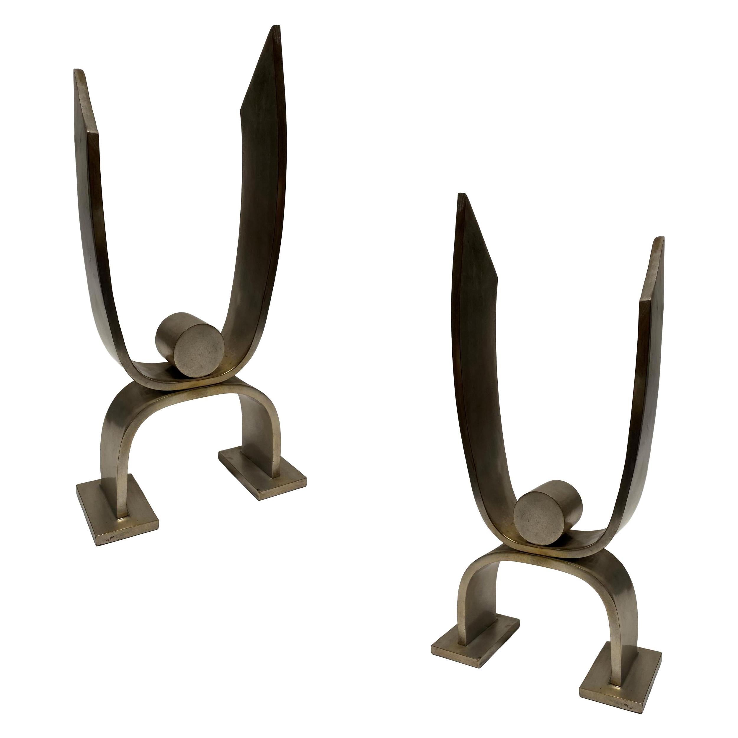 Nickle Plated Bronze Fireplace Firedogs / Andirons by Donald Deskey ...