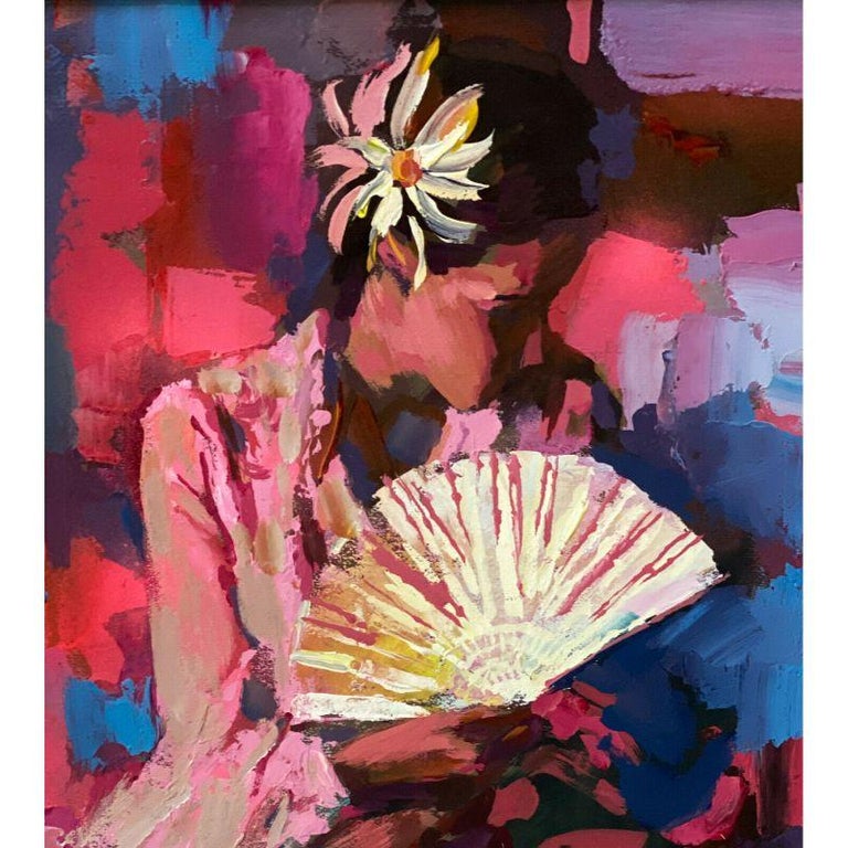 Nicola Simbari (Italian) Oil on Canvas Oriental Woman with Fan, 20th ...