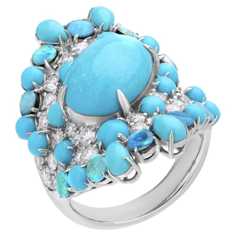 Nigaam 10.85 Cttw. Turquoise, Opal and Diamond Cluster Ring in 18K ...