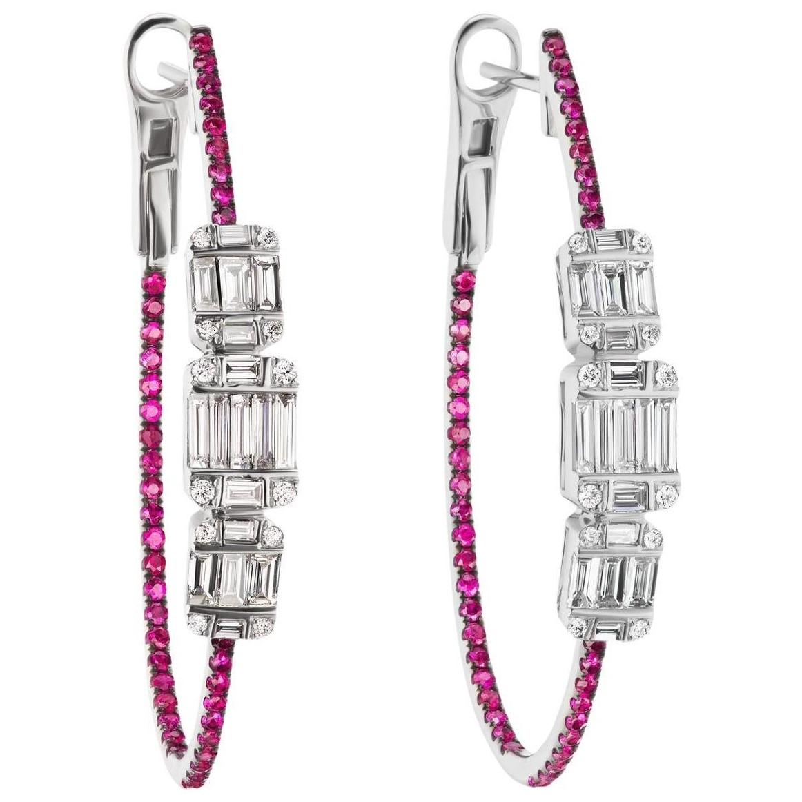 Nigaam 2.22 Cttw Natural Ruby and Diamond Hoop Earrings in 18K White Gold For Sale at 1stDibs