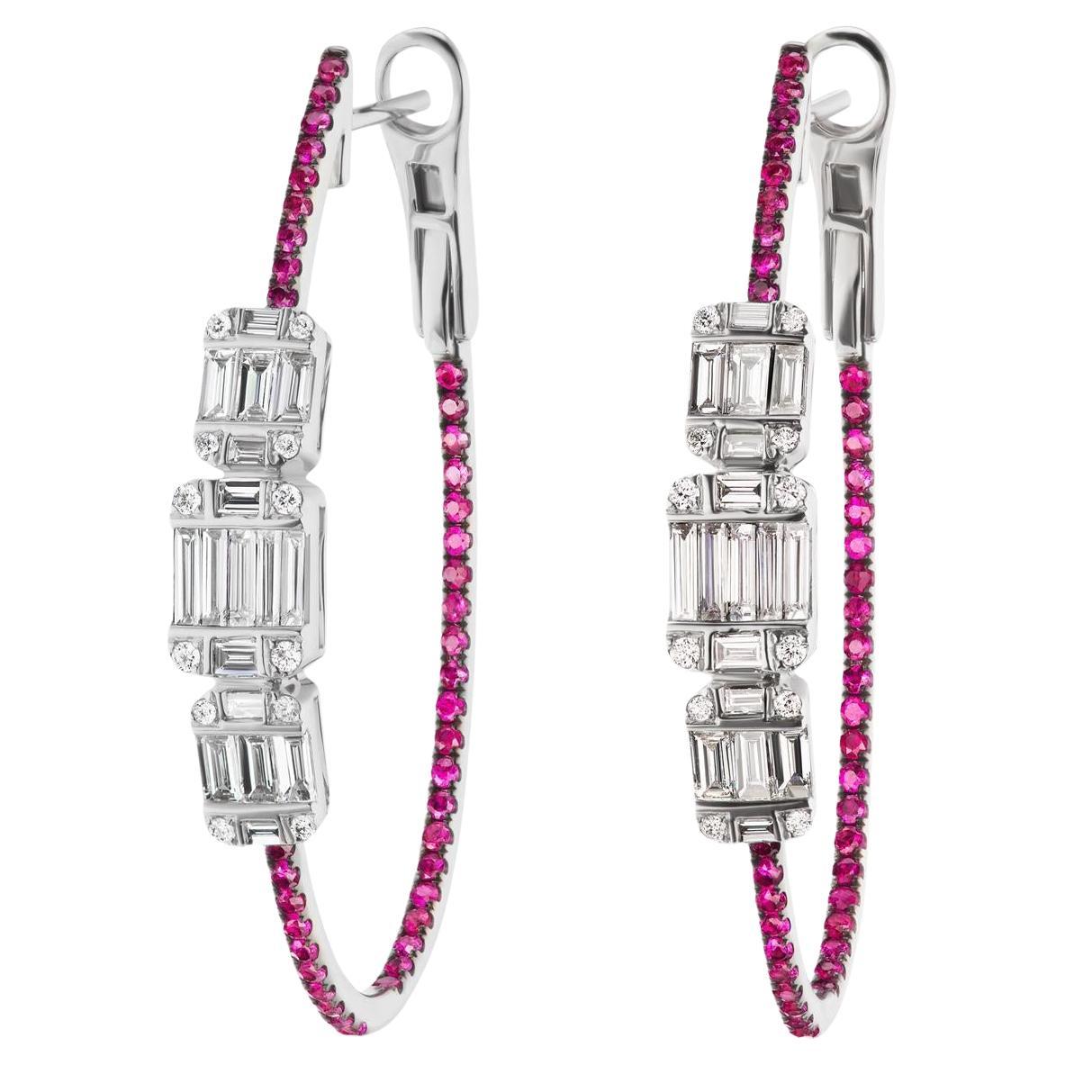 Nigaam 2.22 Cttw Natural Ruby and Diamond Hoop Earrings in 18K White Gold For Sale at 1stDibs