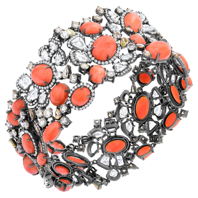 Nigaam 41.03 Cttw. Coral and Diamond Stretch Double Latch Bracelet in ...