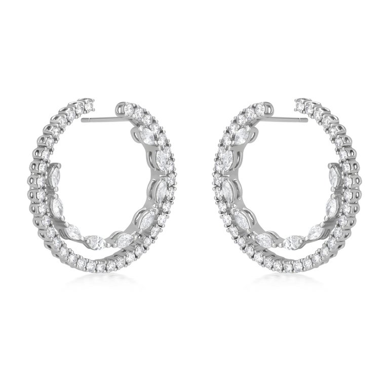 Nigaam 4.61 Cttw. Marquise and Round Diamond Hoop Earrings in 18K White ...