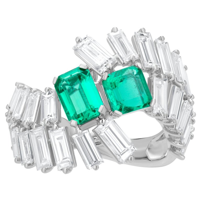 Nigaam 5.04 Ct. T.W. Emerald and Diamond Bypass Ring in 18K White Gold ...