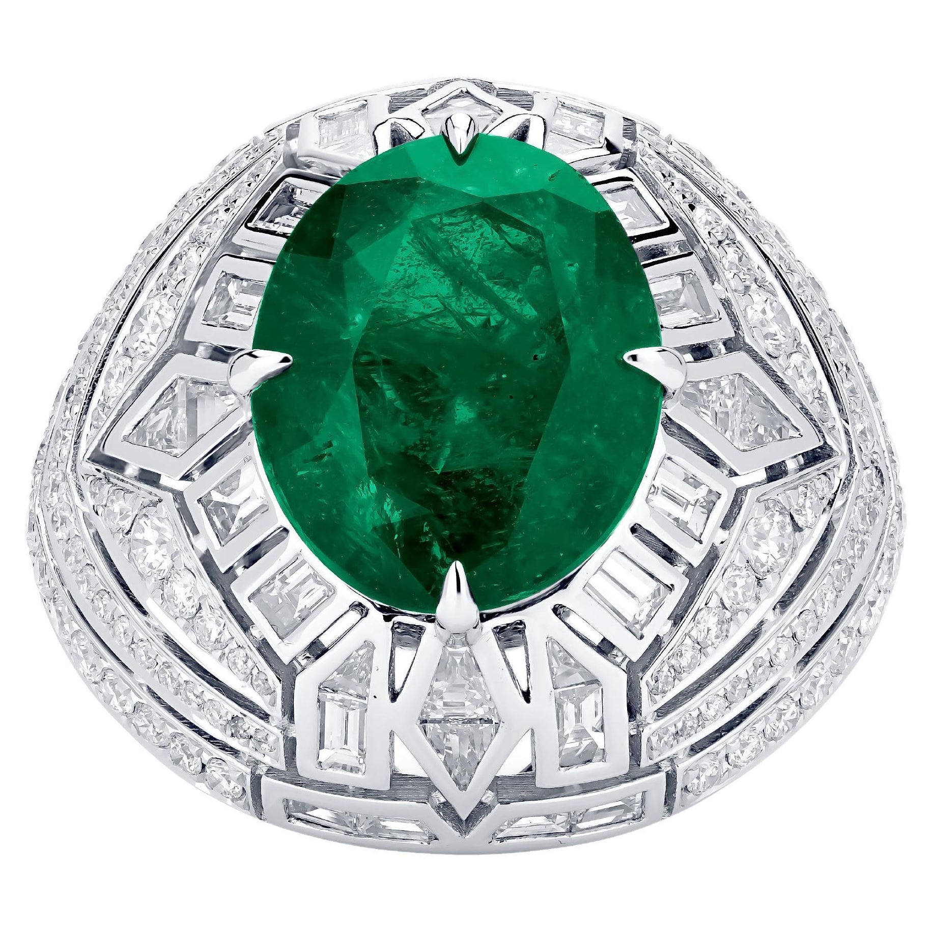 Nigaam 6.0cttw. Cushion Emerald and Diamond Dome Ring in 18k White Gold ...