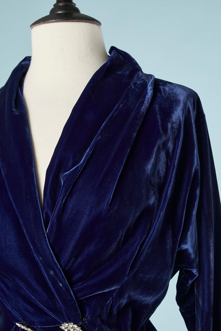 Night blue silk velvet cocktail skit-suit with rhinestone buttons Circa ...