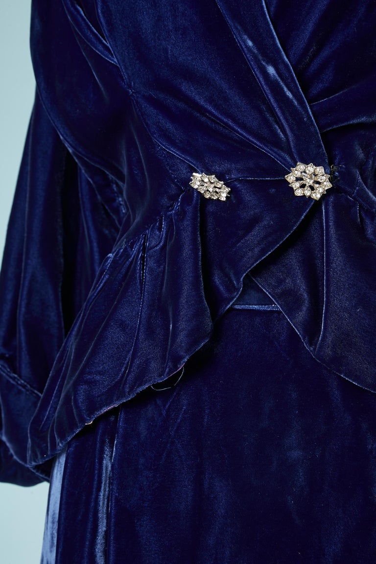 Night blue silk velvet cocktail skit-suit with rhinestone buttons Circa ...