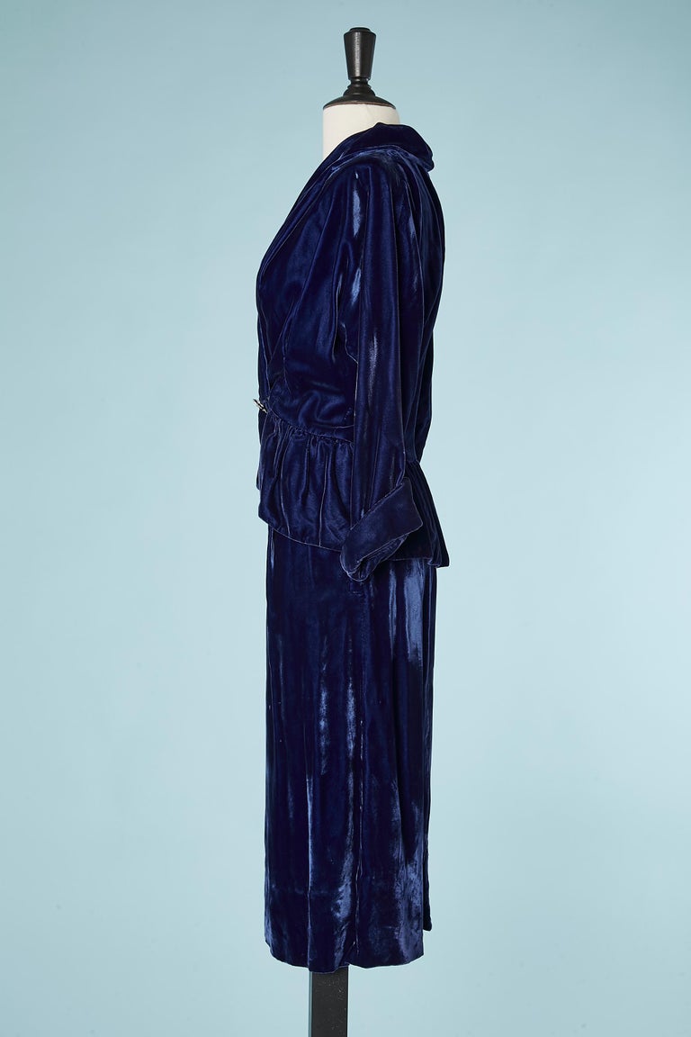 Night blue silk velvet cocktail skit-suit with rhinestone buttons Circa ...