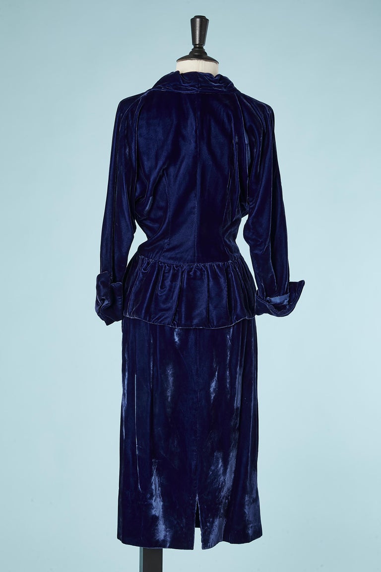 Night blue silk velvet cocktail skit-suit with rhinestone buttons Circa ...
