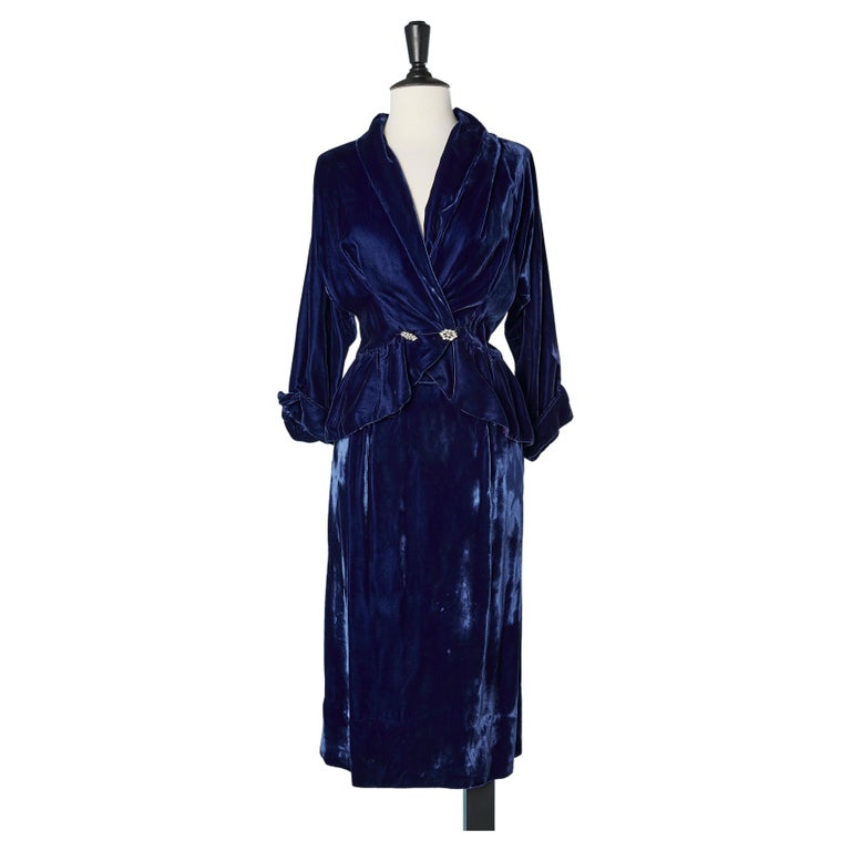 Night blue silk velvet cocktail skit-suit with rhinestone buttons Circa ...