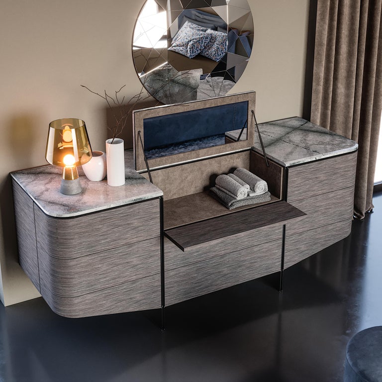 Storage unit, in Oak with metal trims, velvet covered drawers and ...