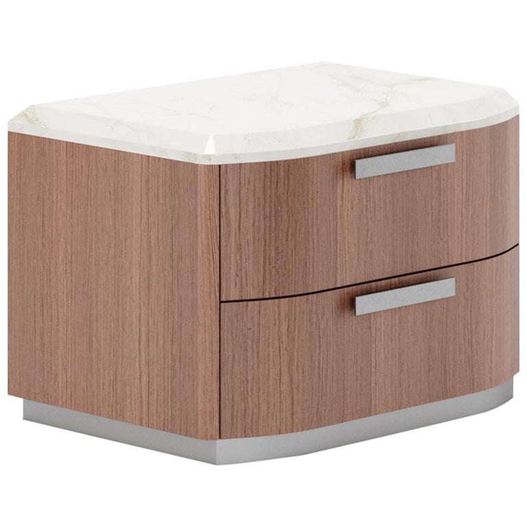 Contemporary Nightstand in Wallnut Veneere Marble Top and Metal Handles ...