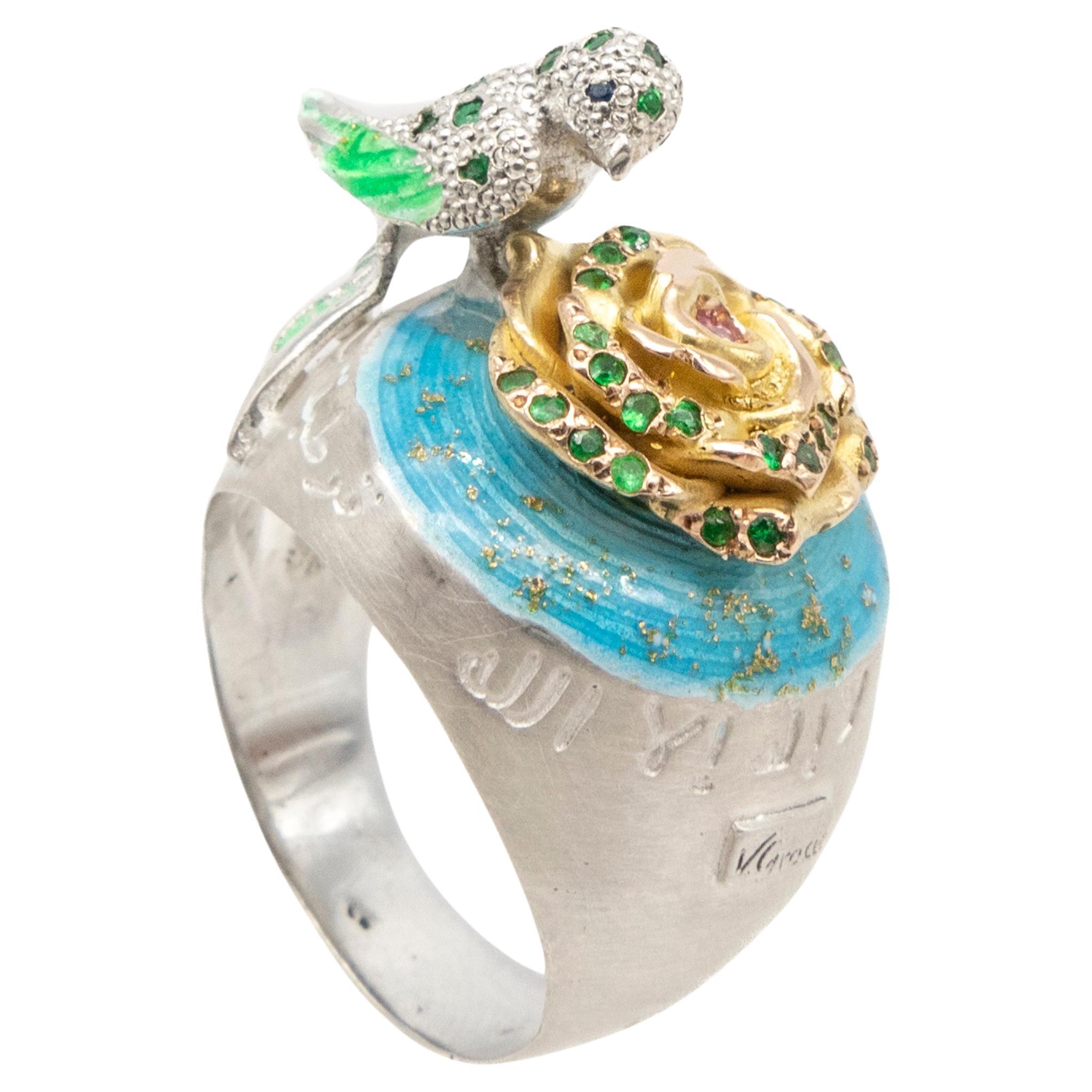 Nightingale And Rose Ring 18 Karat Gold Emeralds Tourmaline Enamel ...