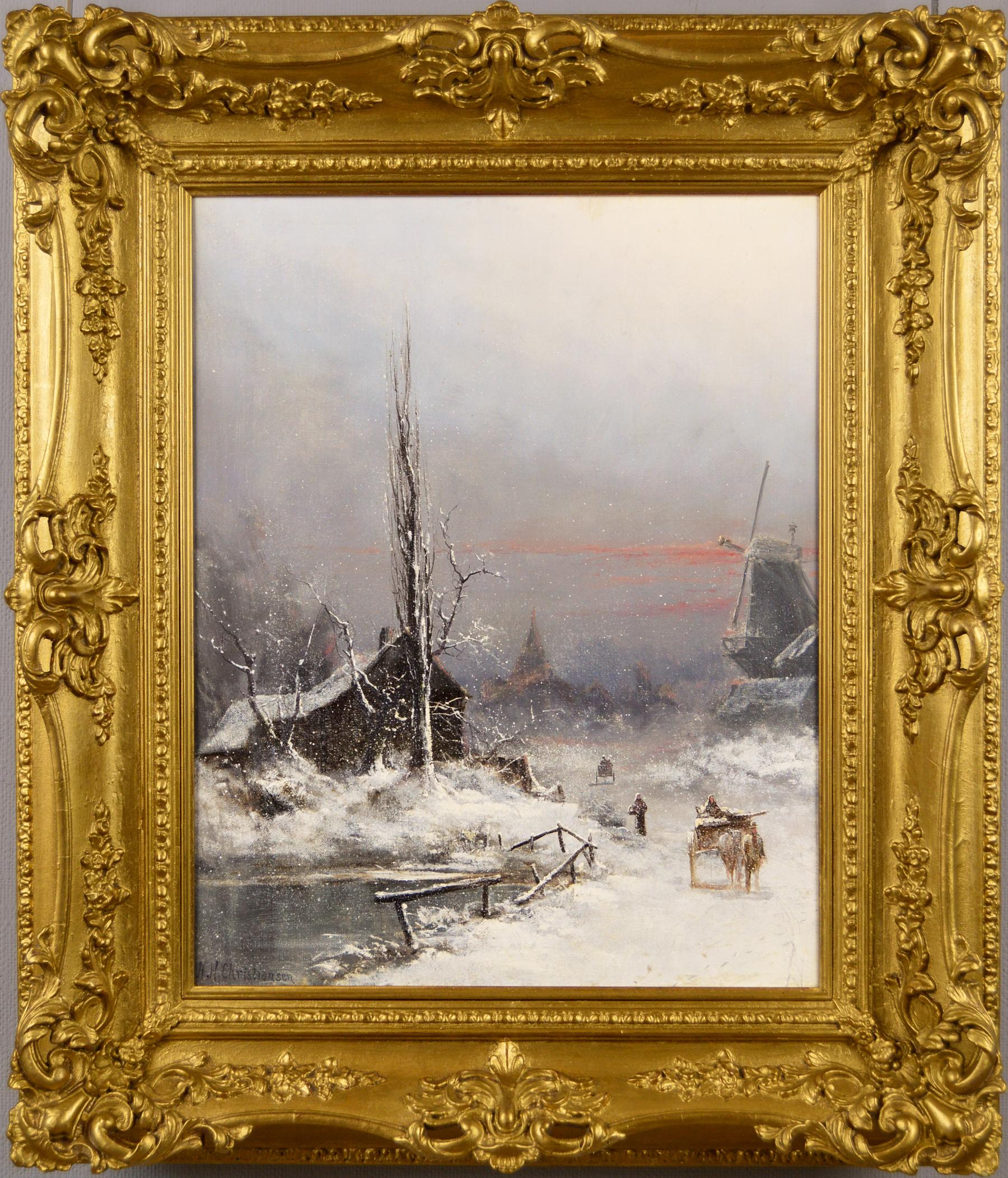 Nils Hans Christiansen - 19th Century winter landscape oil painting of ...